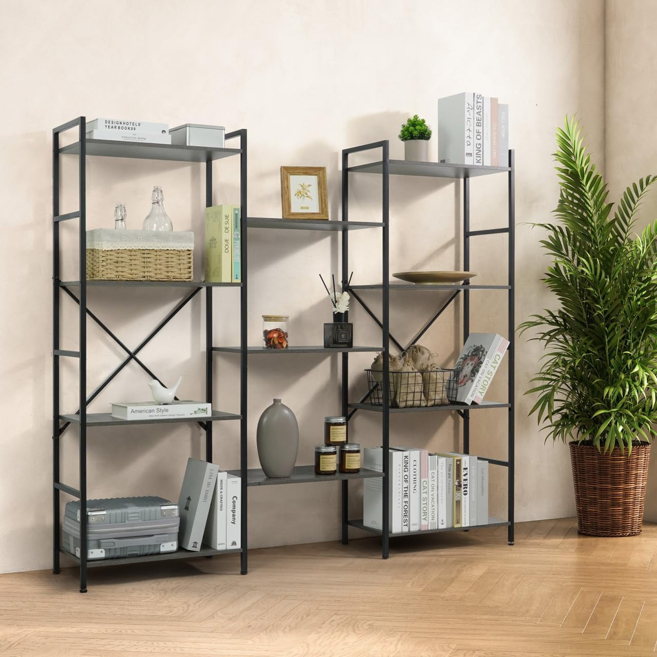 CAPHAUS Triple Column 4 Tier Bookshelf, Industrial Triple Bookcase with ...