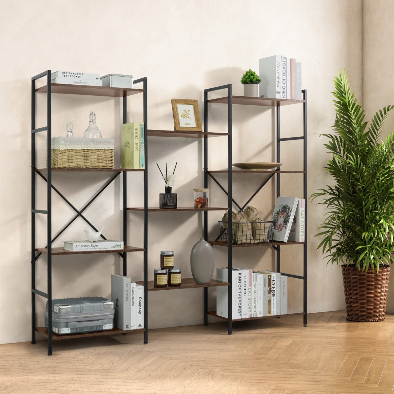 CAPHAUS Triple Column 4 Tier Bookshelf, Industrial Triple Bookcase with ...