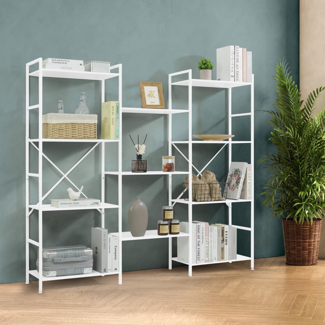 CAPHAUS Triple Column 4 Tier Bookshelf, Industrial Triple Bookcase with ...