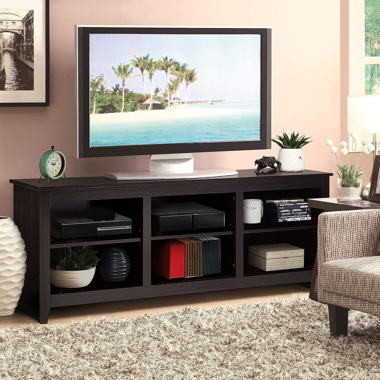 CAPHAUS Wood 70" TV Stand Console Table with Open Storage Shelves for ...