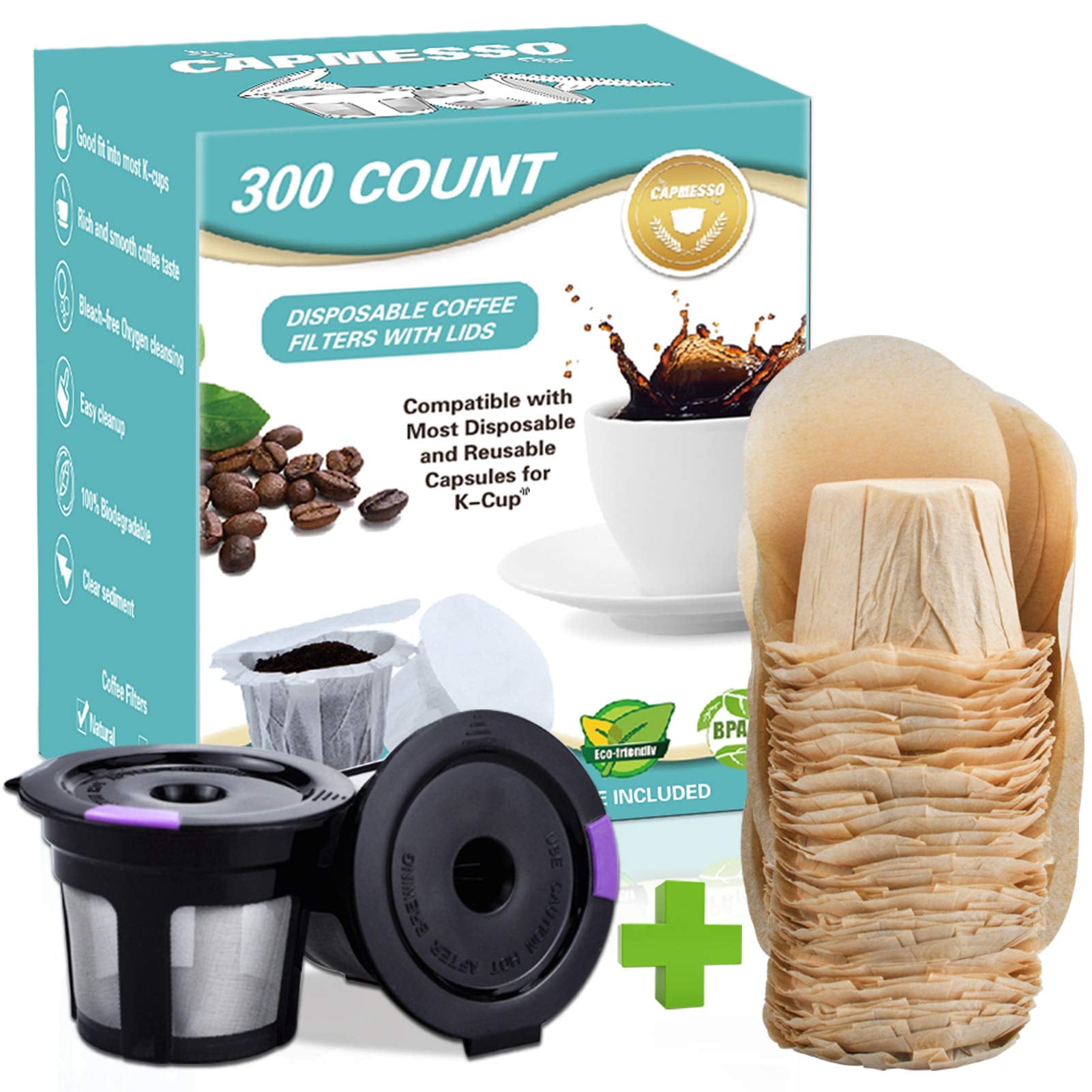 CAPMESSO Reusable K Cups with 300 Unbleached Coffee Pod Filters, Fits ...