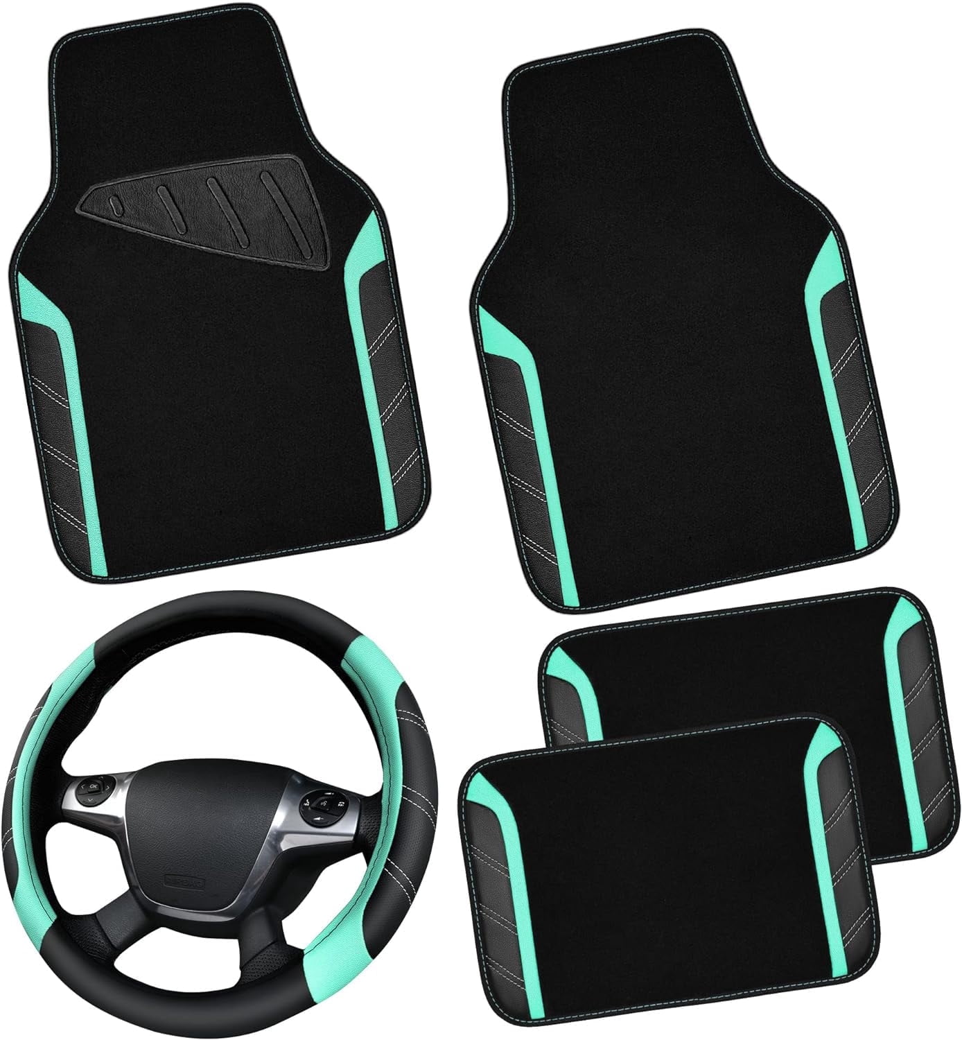 CAR GRAND Leather Steering Wheel Cover and Waterproof Car Floor Mats ...