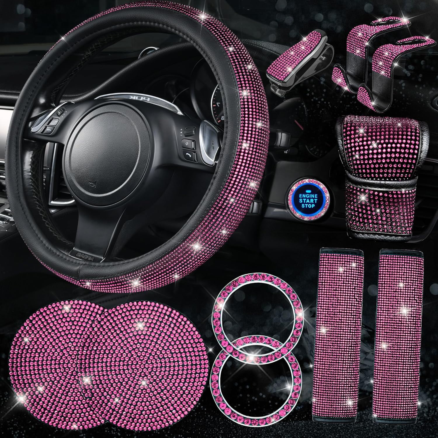 CAR PASS 11 PCS Bling Car Accessories Set for Women, Sparkly Rhinestone ...