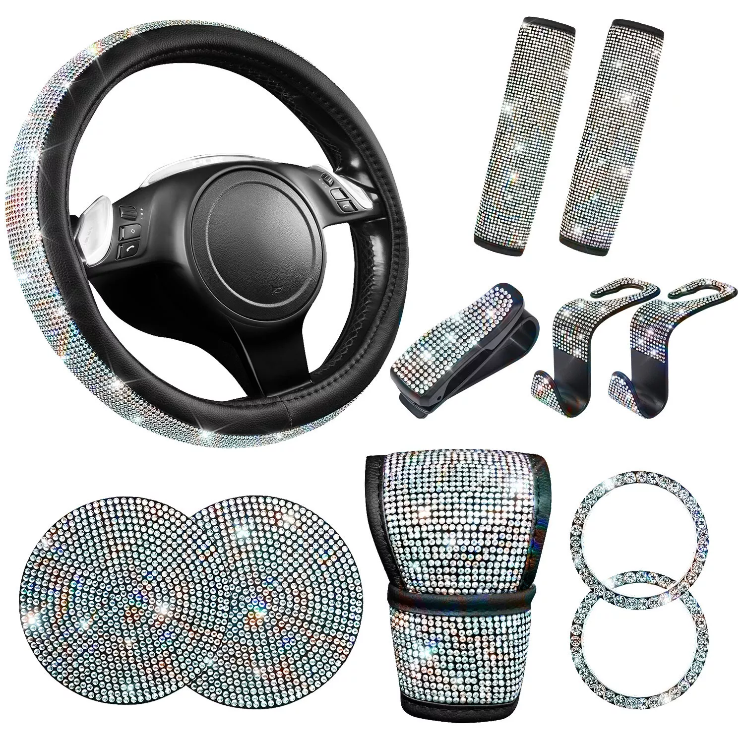 CAR GRAND 11 PCS Bling Car Accessories, Sparkly Rhinestone Diamond Steering Wheel Cover, Bling ...