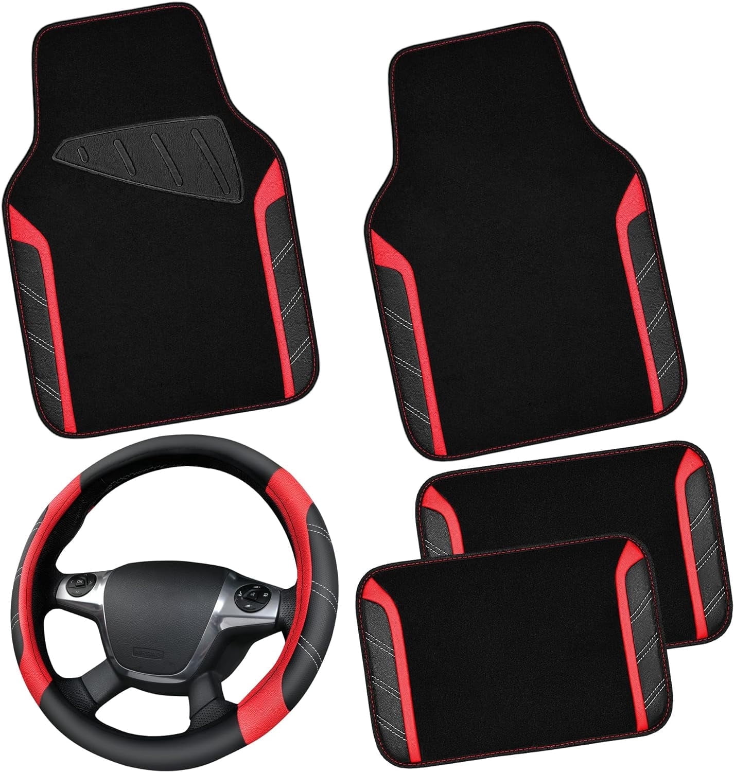 CAR GRAND Leather Steering Wheel Cover and Waterproof Car Floor Mats ...