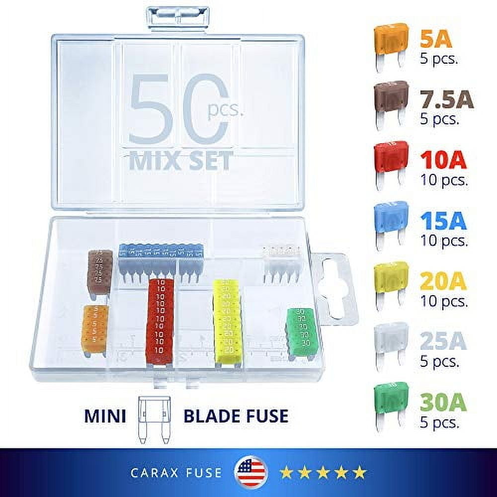 CARAX Glow Fuse – Premium Fuse Mini Blade – 50 pcs. Assortment Kit ...
