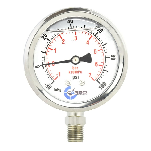CARBO Instruments 2 1-2" Pressure Gauge, Stainless Steel Case, Chrome Plated Brass Connection ...