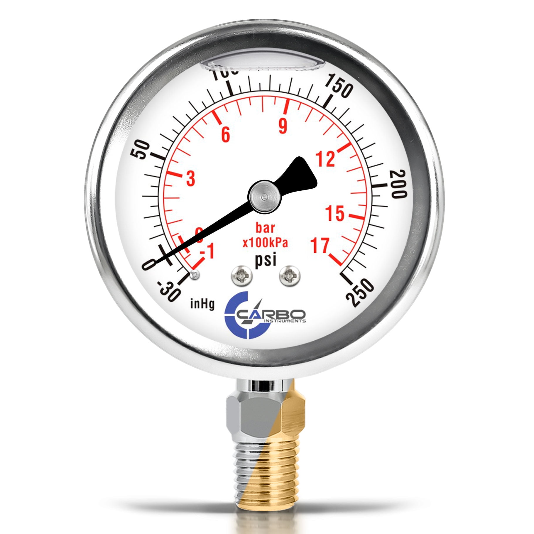 CARBO Instruments 2 1-2" Pressure Gauge, Stainless Steel Case, Chrome Plated Brass Connection ...
