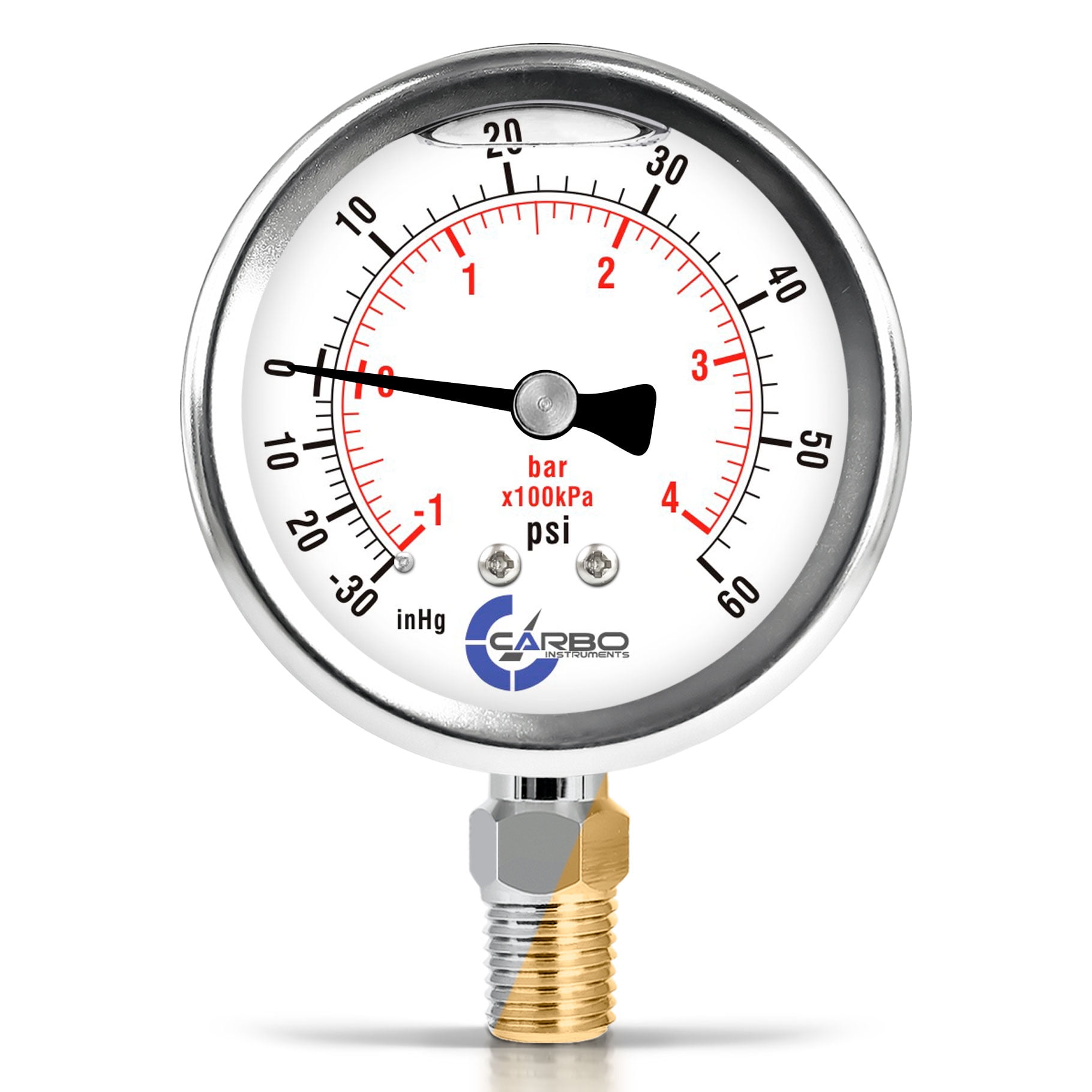 CARBO Instruments 2 1-2" Pressure Gauge, Stainless Steel Case, Chrome Plated Brass Connection ...