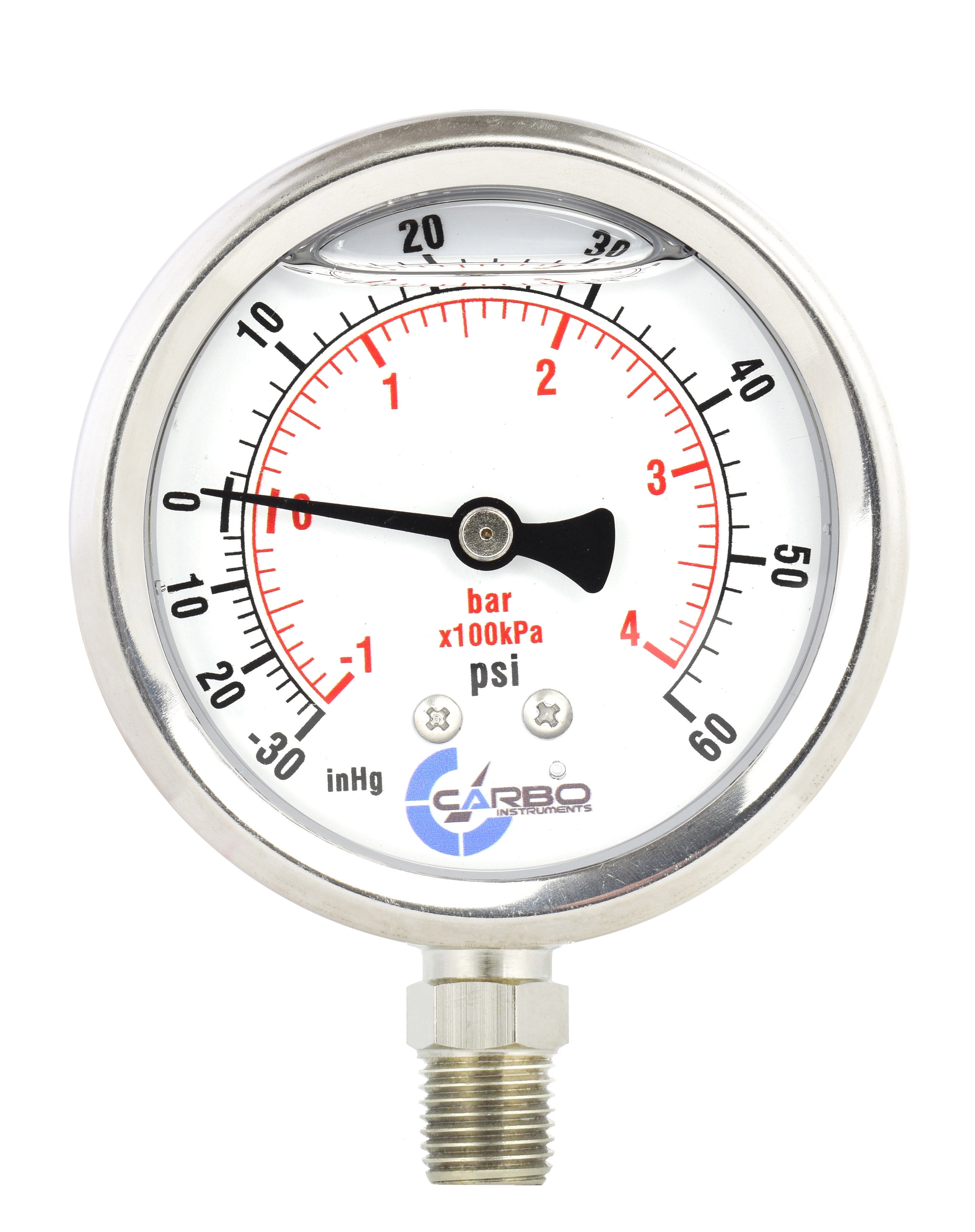 CARBO Instruments 2 1-2" Pressure Gauge, Stainless Steel Case, Chrome Plated Brass Connection ...
