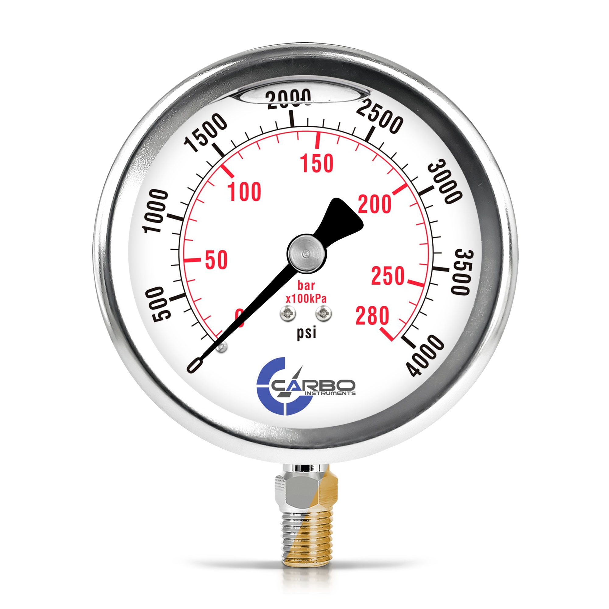 CARBO Instruments 4" Pressure Gauge, Stainless Steel Case, Chrome Plated Brass Connection ...