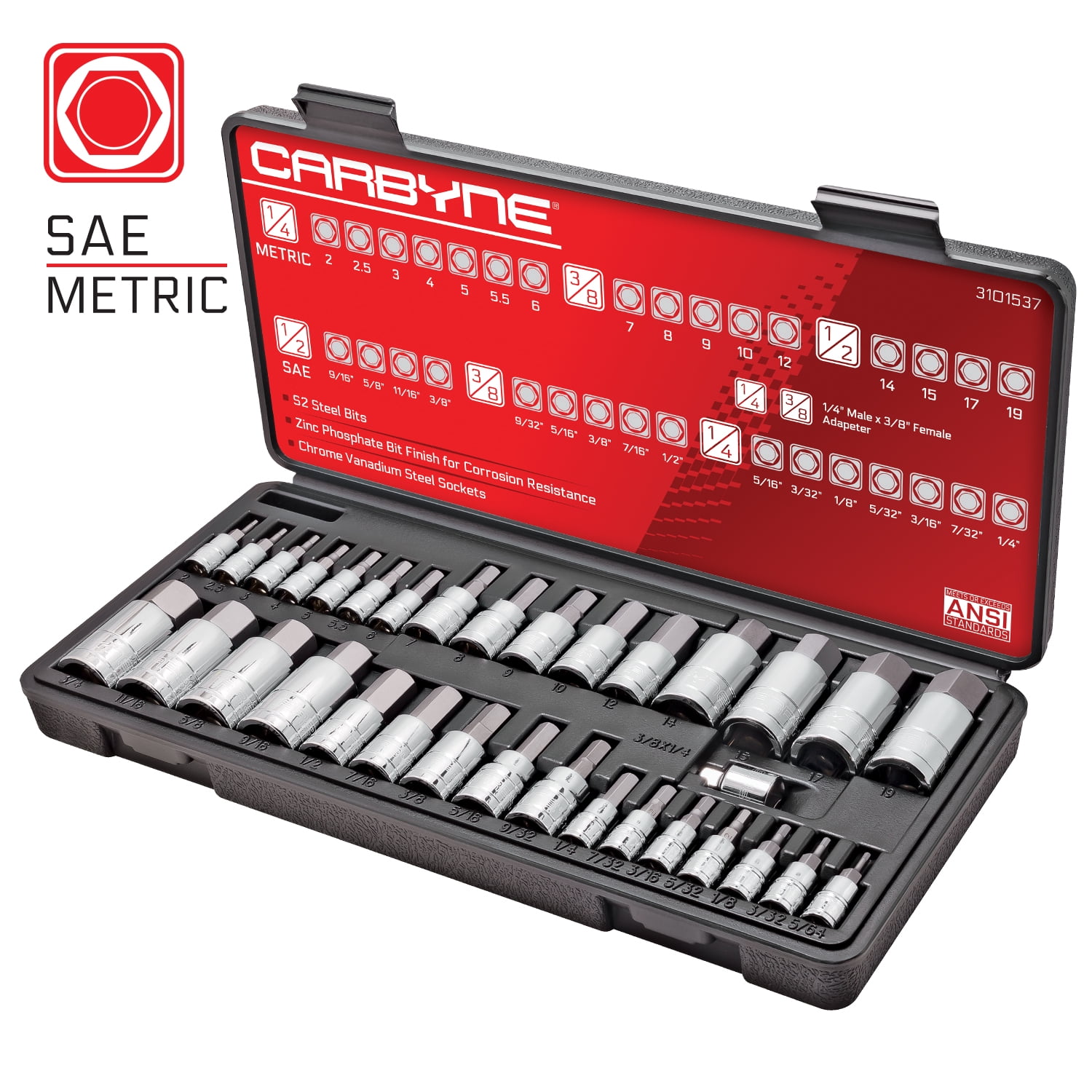 CARBYNE 33 Piece Master Hex Bit Socket Set - SAE & Metric, S2 Steel ...