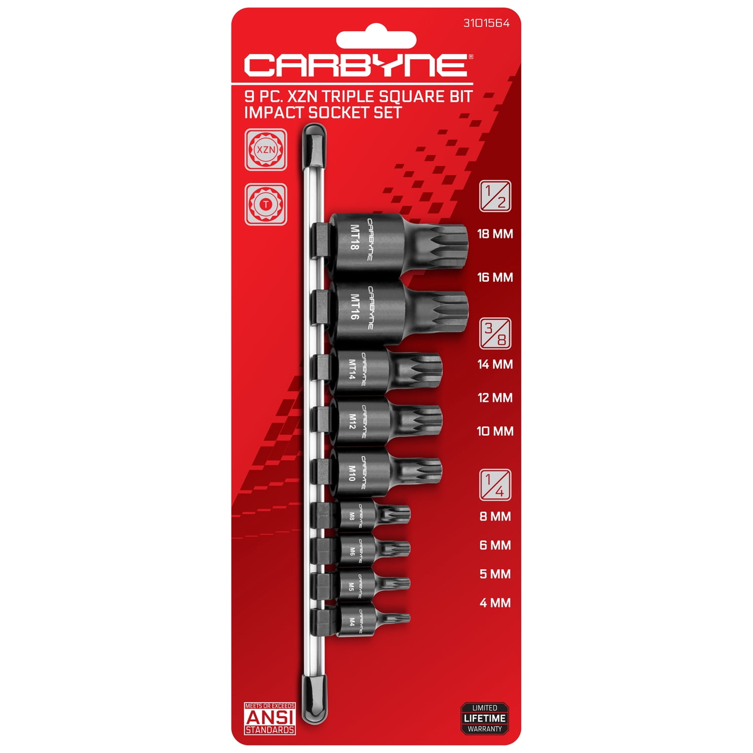 CARBYNE 9 Piece XZN Triple Square Bit Impact Socket Set, 4mm to 18mm ...