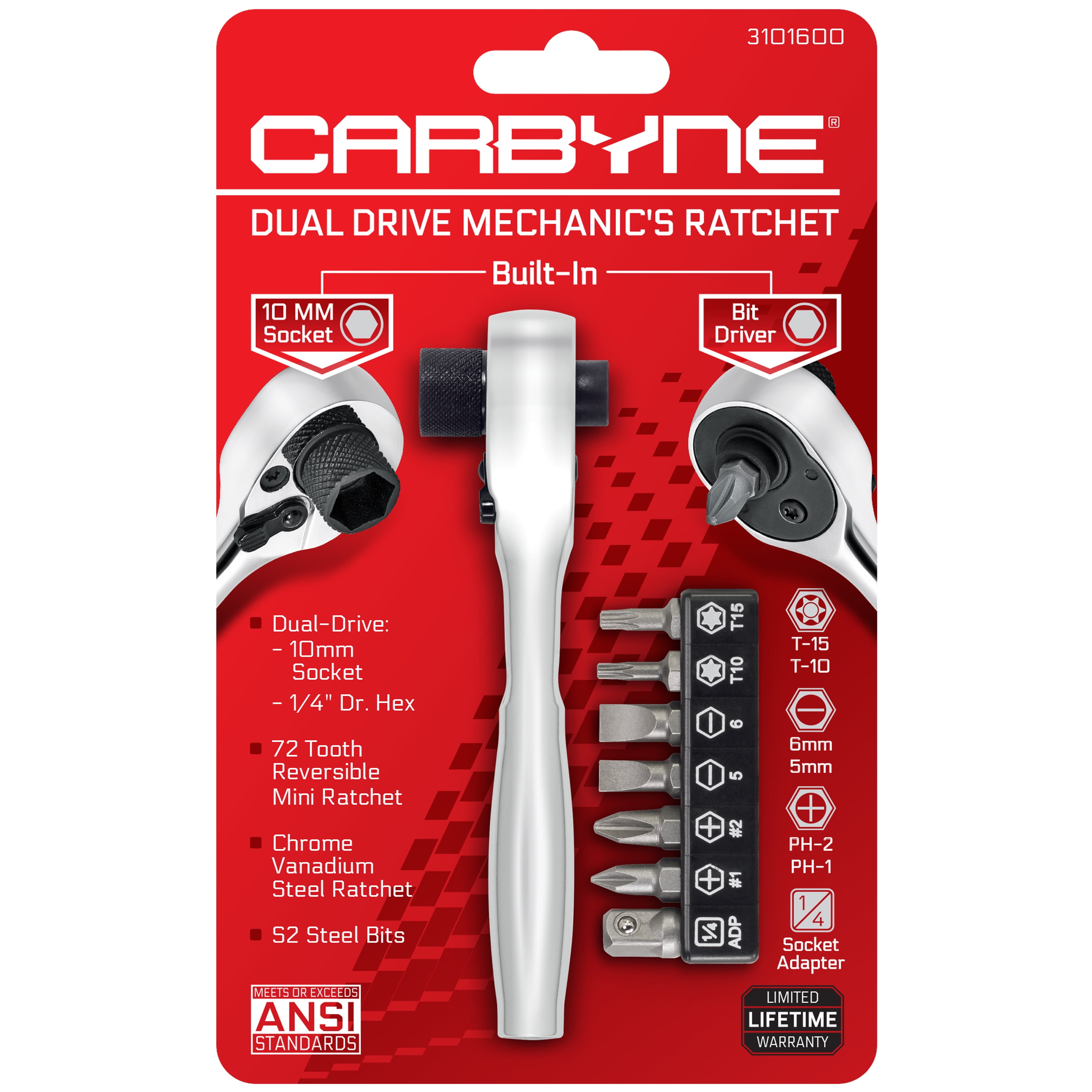 CARBYNE Dual Drive Mechanic's Ratchet with Built-In 10mm Socket and Bit ...