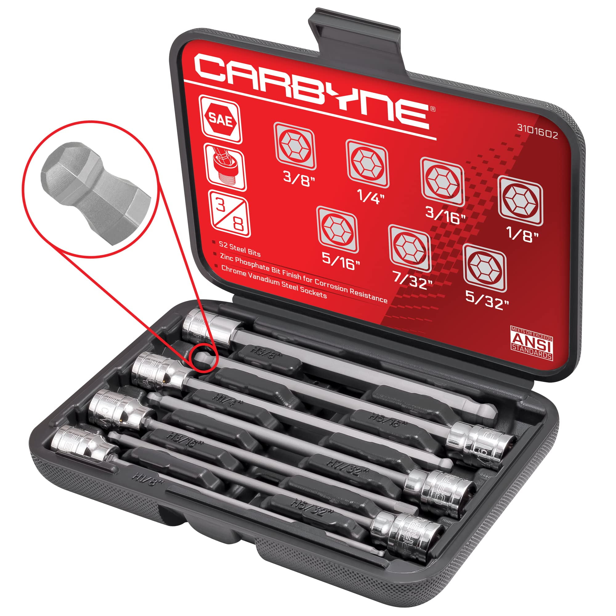 CARBYNE SAE Ball End Extra Long Hex (Allen) Bit Socket Set - 7 Pieces ...
