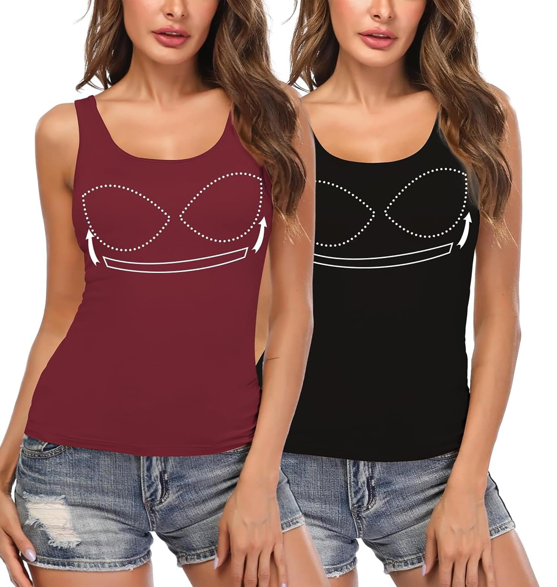 CARCOS 2 Packs Womens Tank Tops with Built in Shelf Bra Plus Size Basic ...