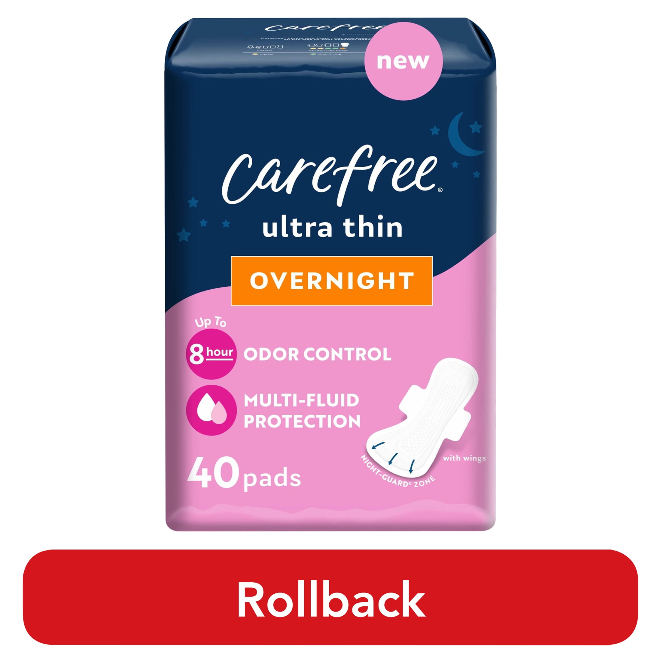 CAREFREE® Ultra Thin Overnight Pads With Wings, 40 Count, Multi-Fluid ...