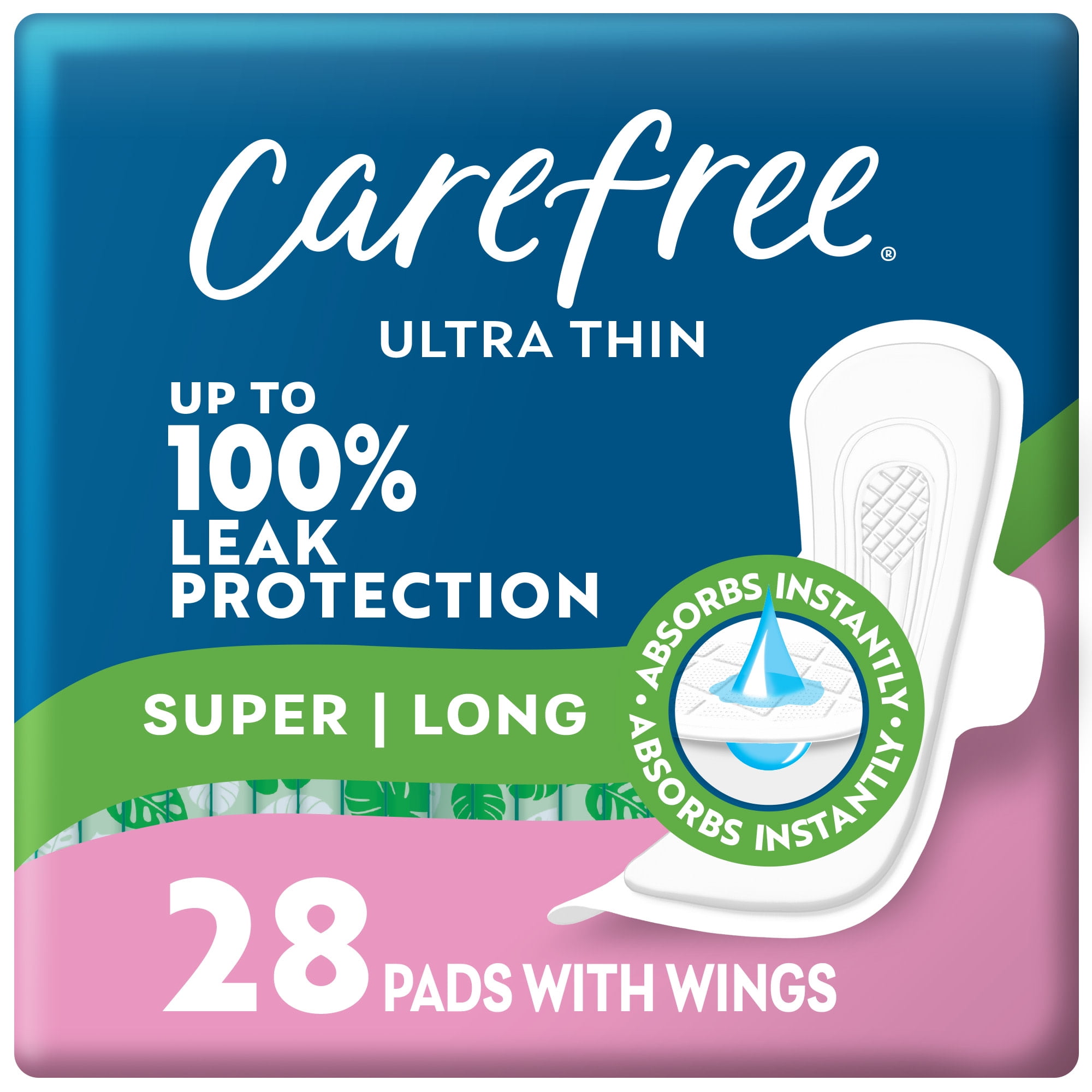 Carefree Ultra Thin Pads with Wings, Super, Long, 28 Count - Walmart.com