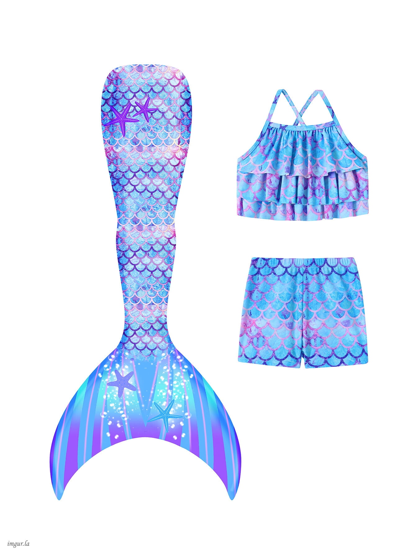 CARETOO 3Pcs Girls Swimsuits Mermaid Tail Suits Kids Multi Ruffled Trim ...