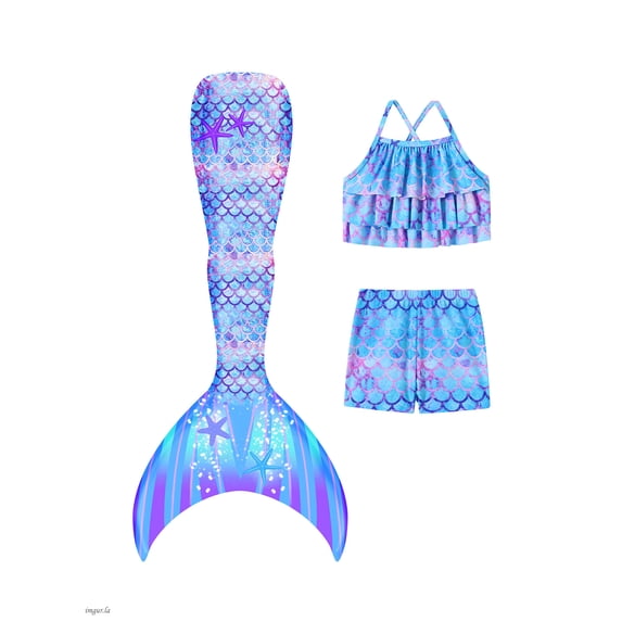 CARETOO 3Pcs Girls Swimsuits Mermaid Tail Suits Kids Multi Ruffled Trim ...
