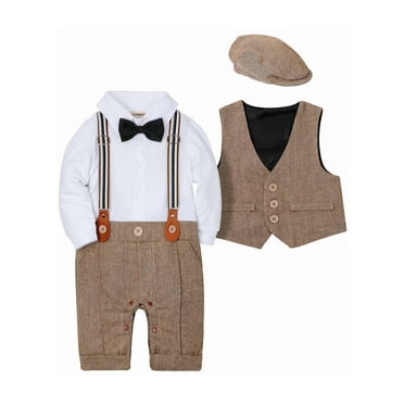 CARETOO Baby Boy 0-18M Tuxedo Suits: Shirt, Suspender Trousers, Hat ...
