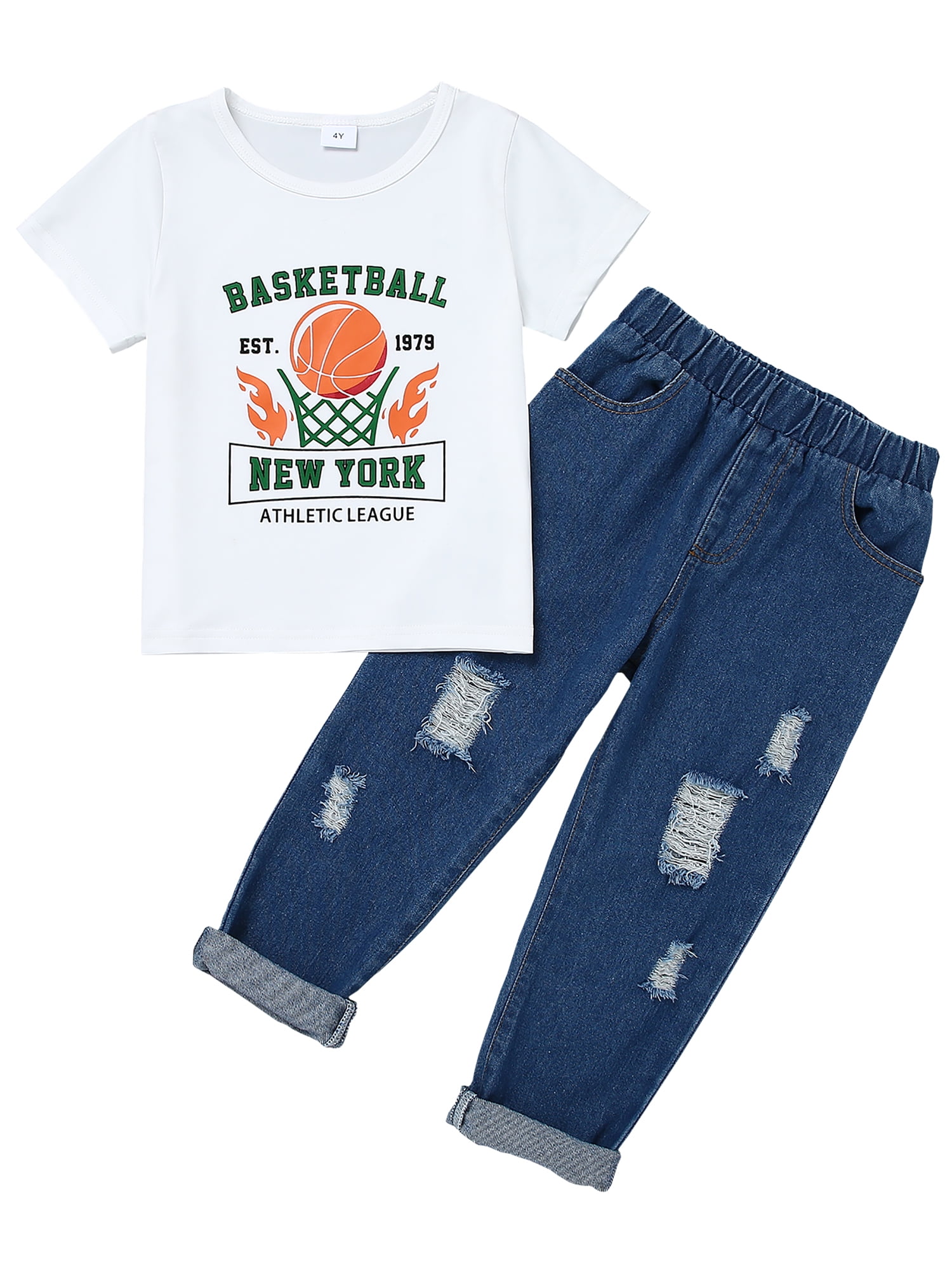 CARETOO Boy Summer Kids Clothes Short Sleeve T-Shirt Ripped Jeans Denim ...