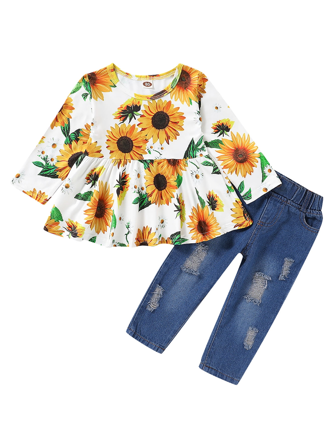 CARETOO Girls Clothes Outfit Casual Sunflower Pullover Ruffle Top Denim ...