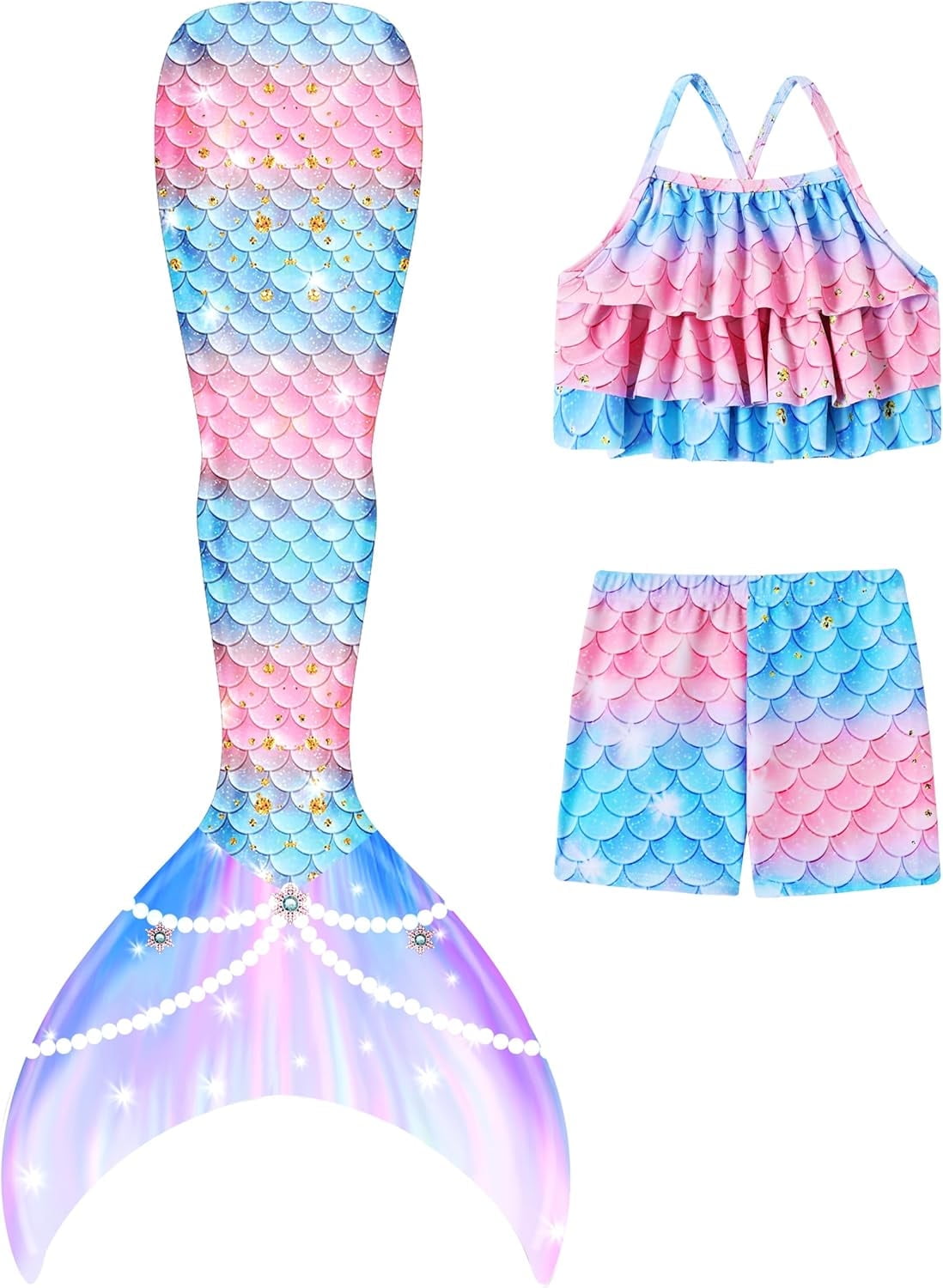 CARETOO 3Pcs Girls Swimsuits Mermaid Tail Suits Kids Multi Ruffled Trim ...