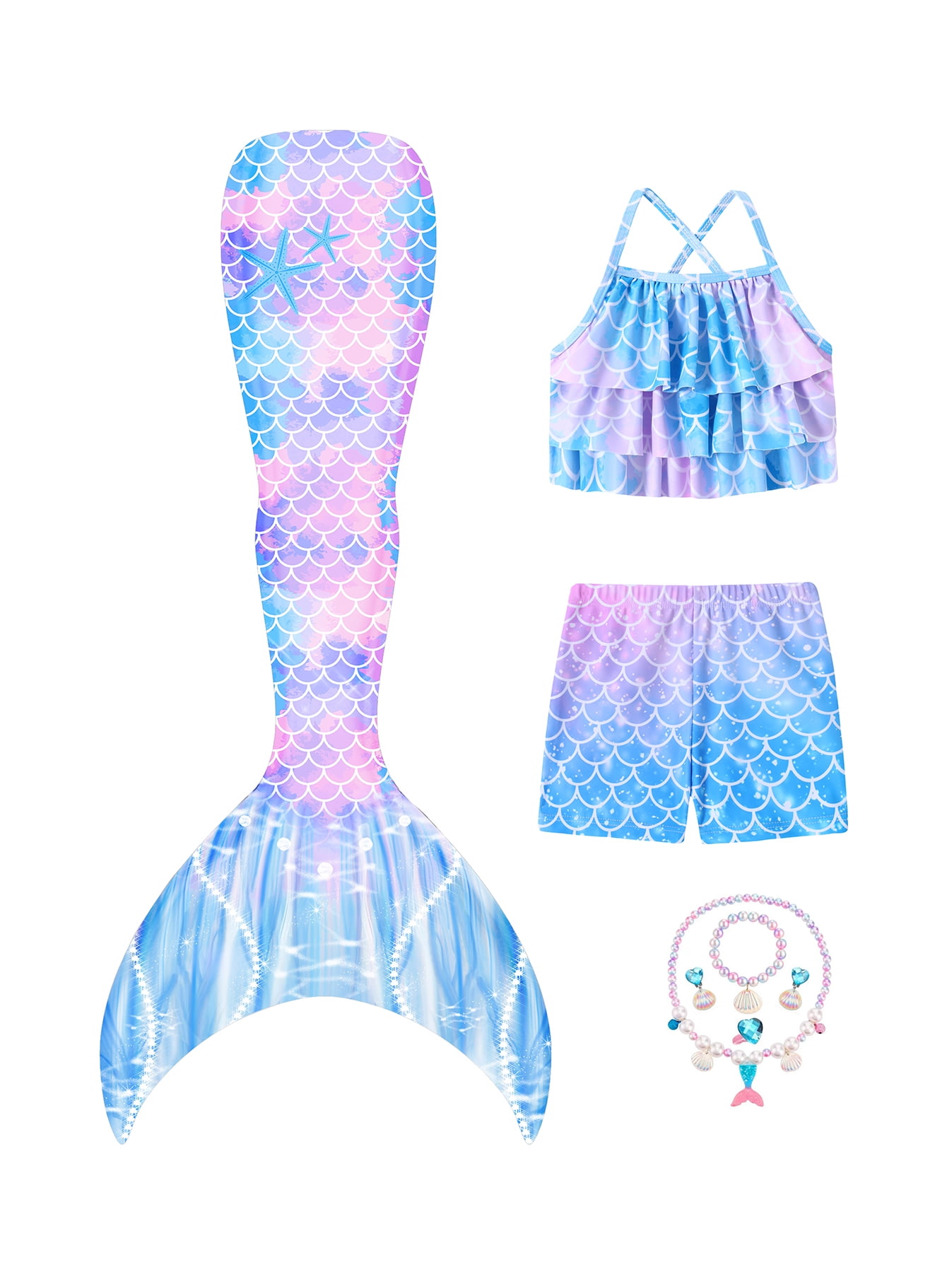 CARETOO 3Pcs Girls Swimsuits Mermaid Tail Suits Kids Multi Ruffled Trim ...
