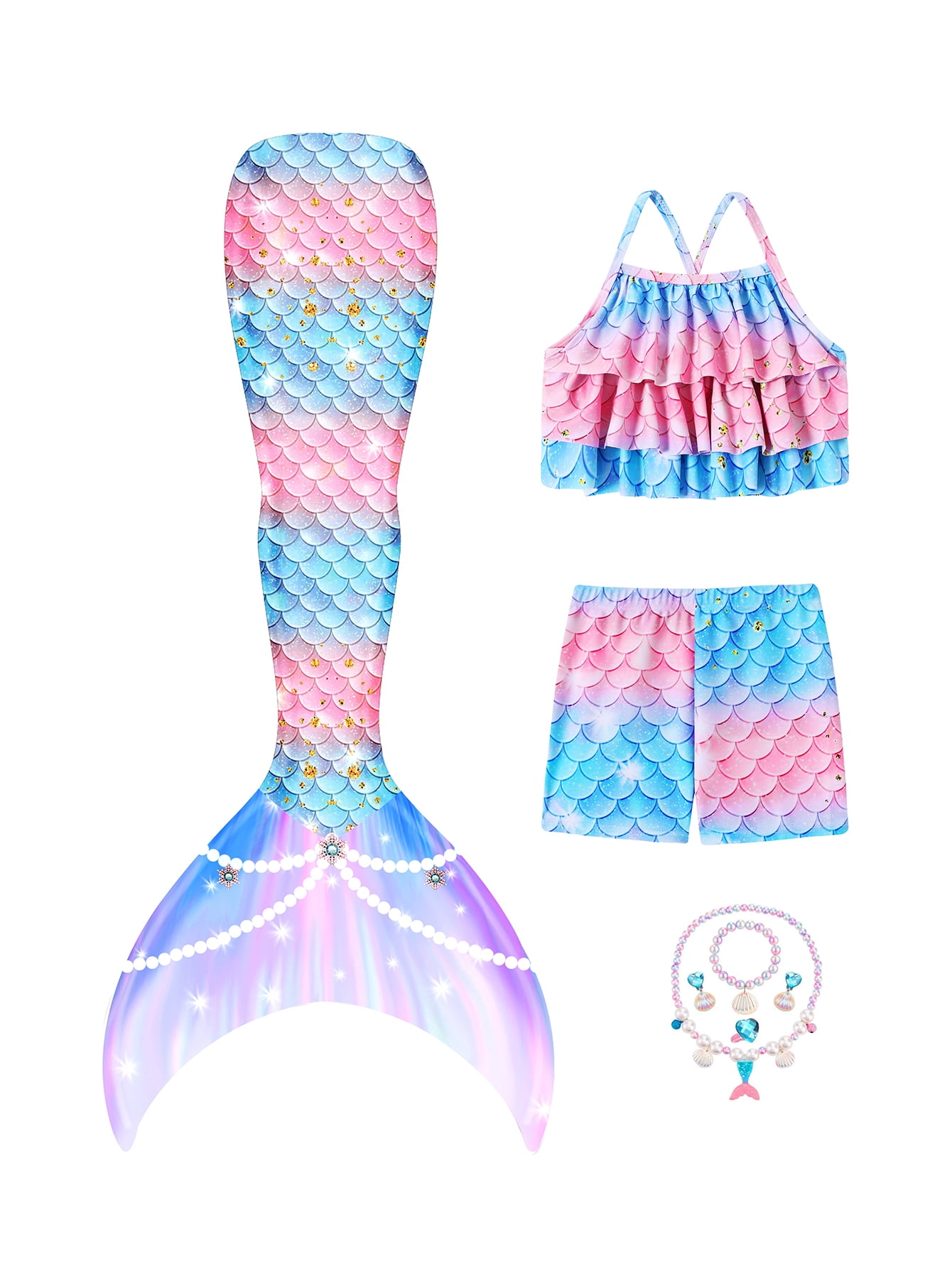 CARETOO Girls Mermaid Bathing Suit 3PCS Cute Ruffle Tankini Swimsuits ...