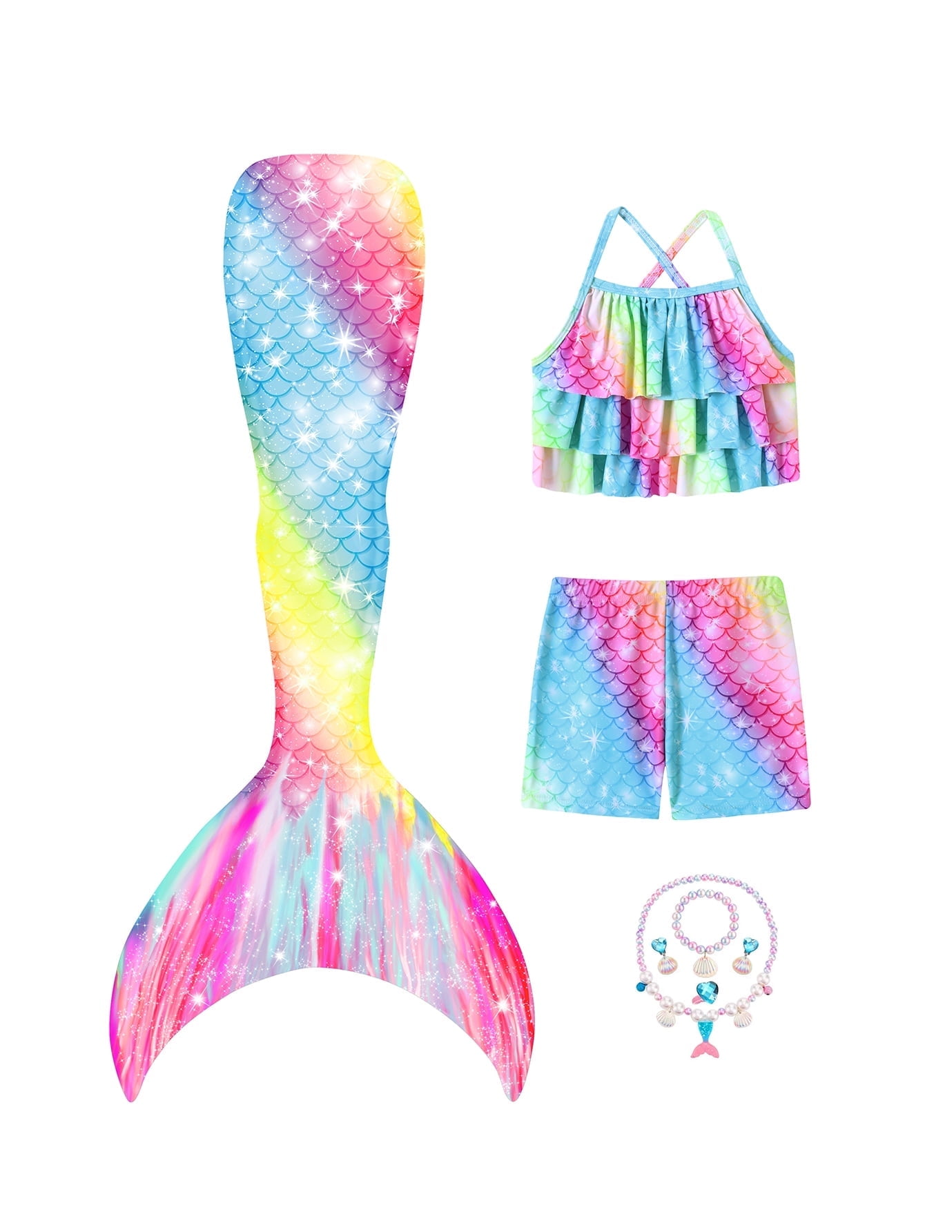CARETOO 3Pcs Girls Swimsuits Mermaid Tail Suits Kids Multi Ruffled Trim ...