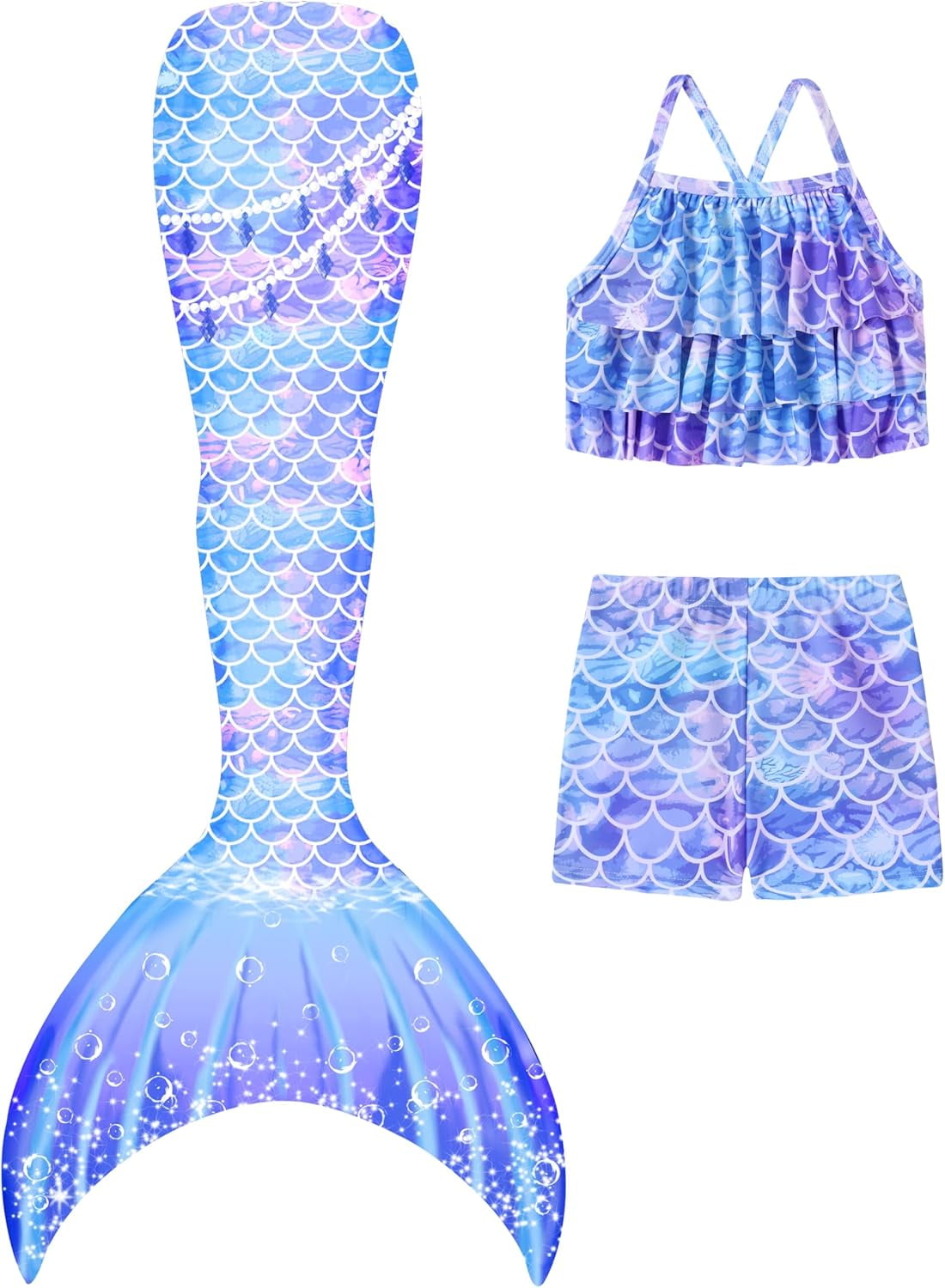 CARETOO 3Pcs Girls Swimsuits Mermaid Tail Suits Kids Multi Ruffled Trim ...