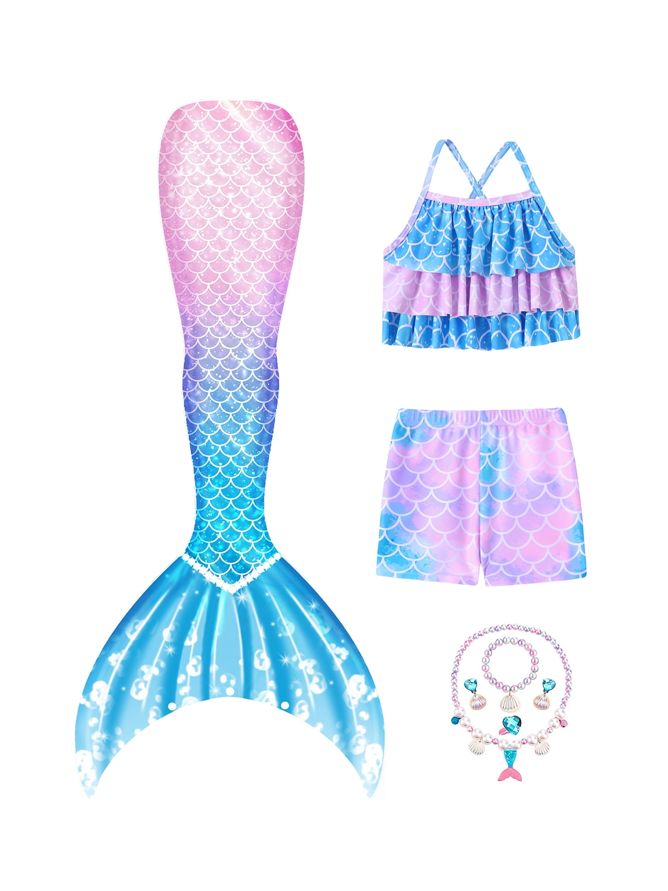 CARETOO 3Pcs Girls Swimsuits Mermaid Tail Suits Kids Multi Ruffled Trim ...