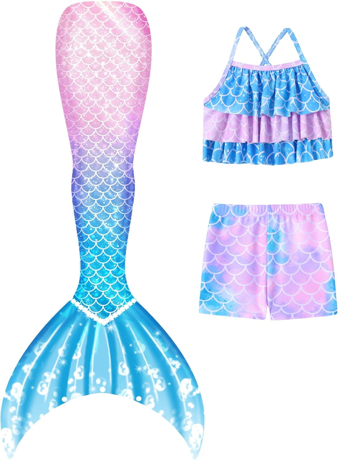CARETOO 3Pcs Girls Swimsuits Mermaid Tail Suits Kids Multi Ruffled Trim ...