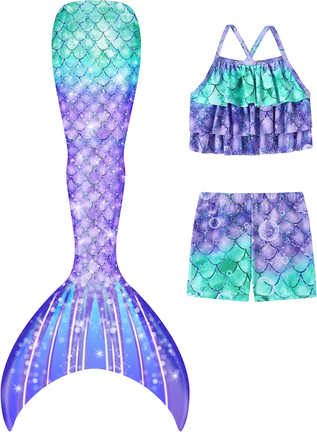 CARETOO 3Pcs Girls Swimsuits Mermaid Tail Suits Kids Multi Ruffled Trim ...