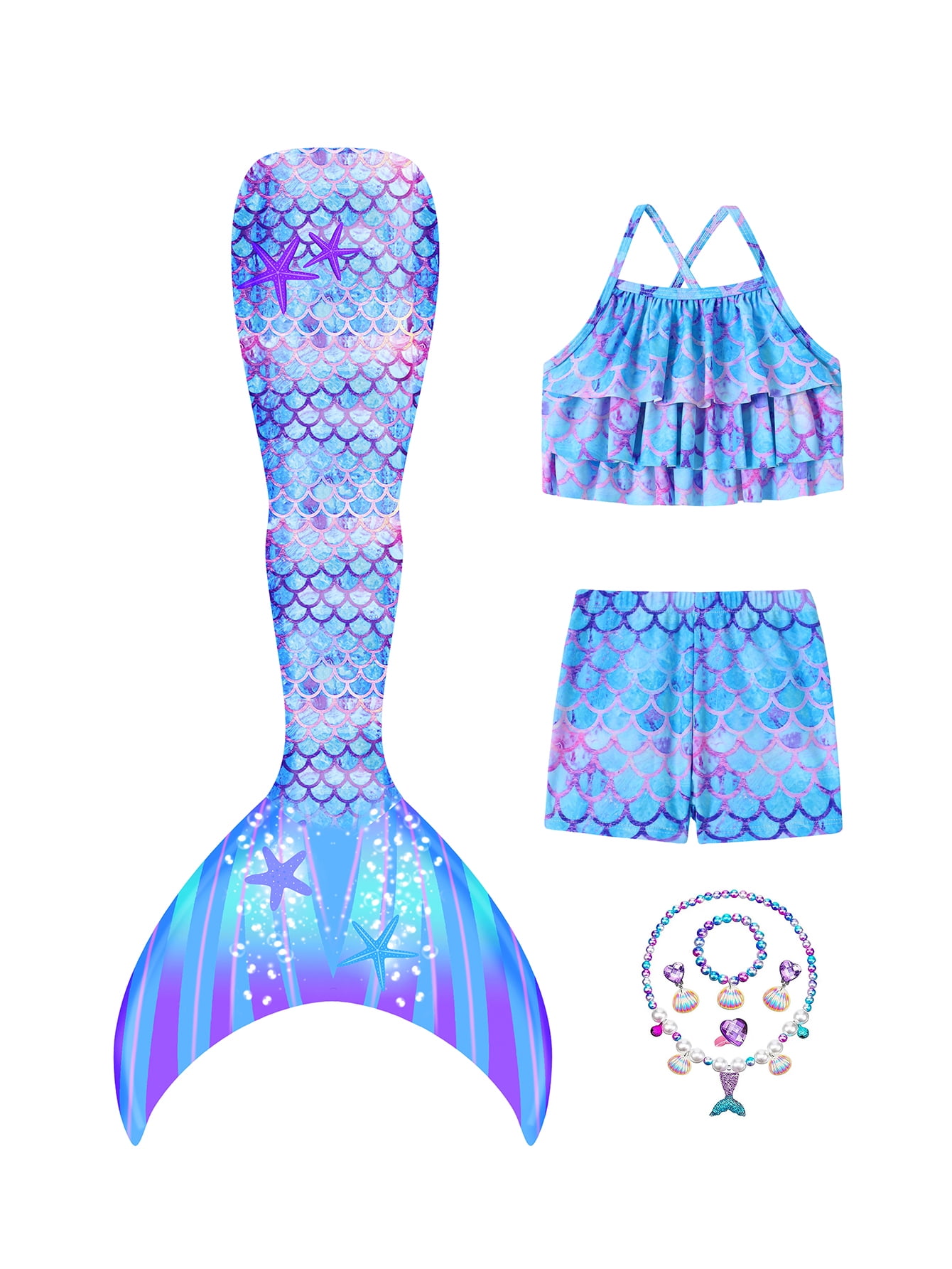 CARETOO 3Pcs Girls Swimsuits Mermaid Tail Suits Kids Multi Ruffled Trim ...