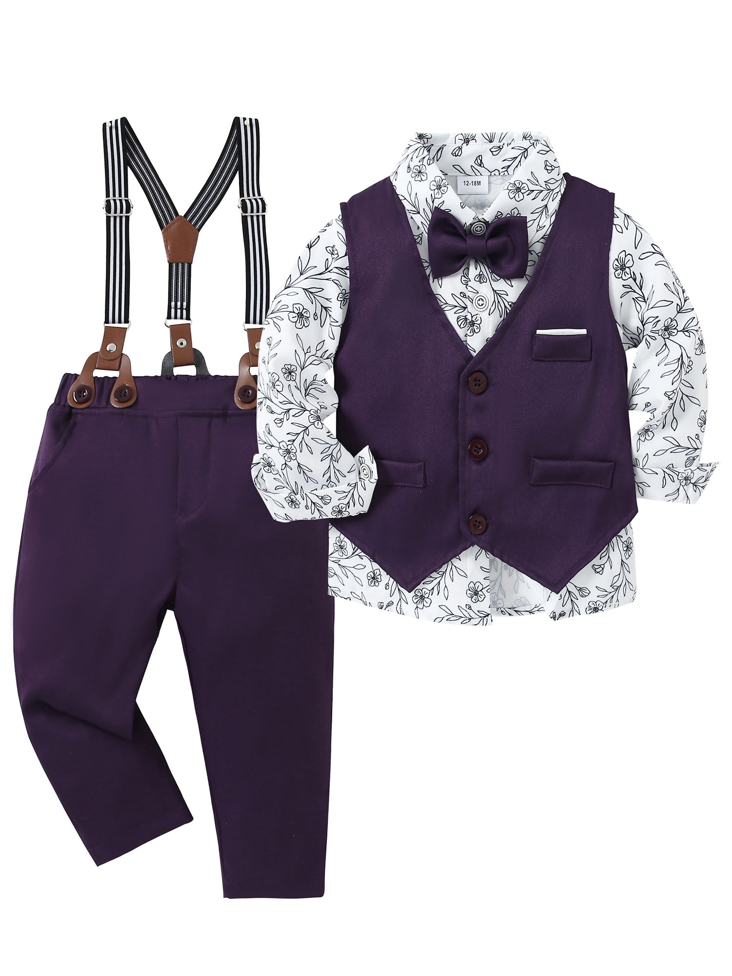 CARETOO Toddler Baby Boy Clothes Suit Formal Print Dress Shirt Bowtie ...