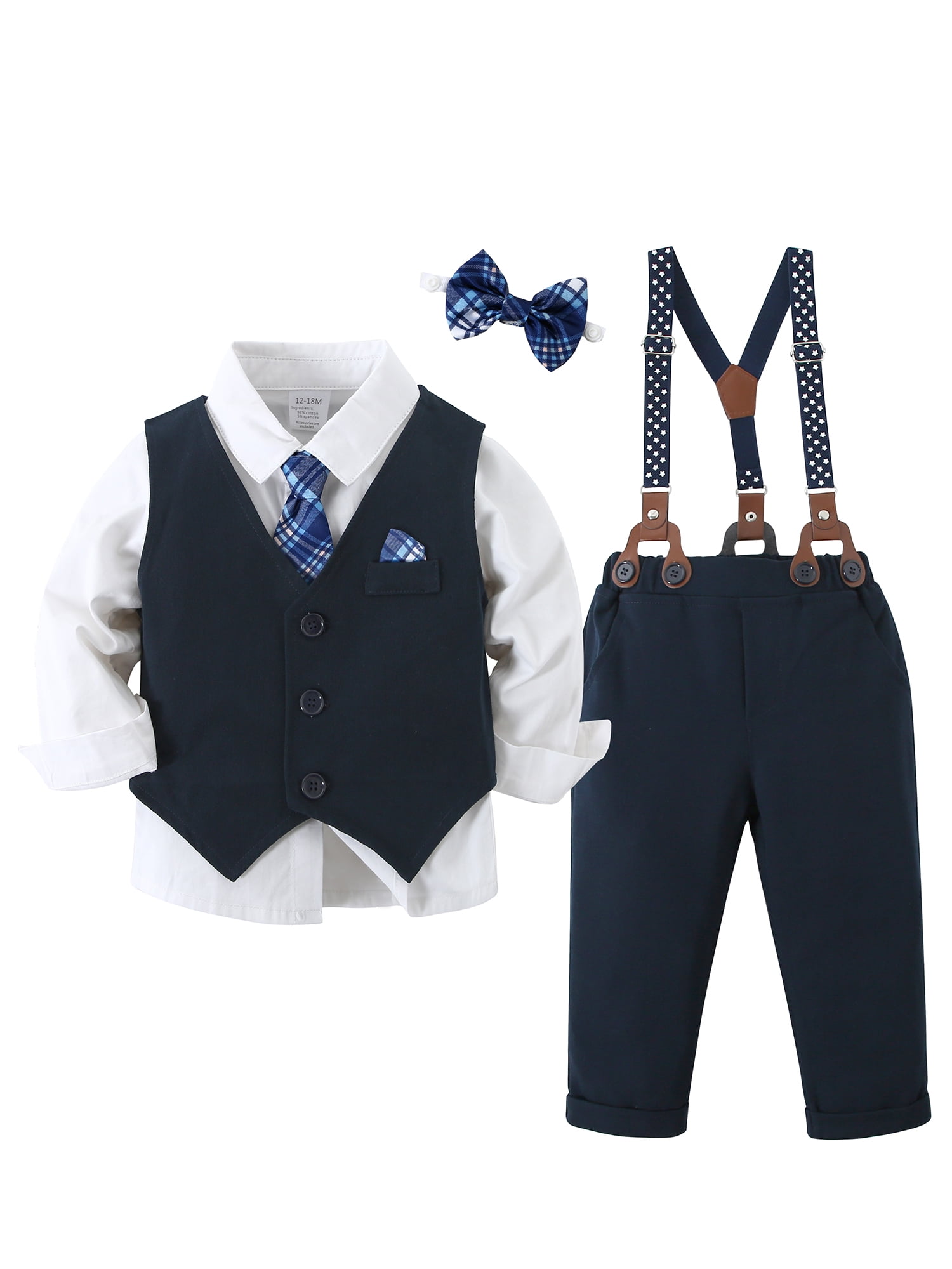 CARETOO Toddler Boy Clothes Set Infant Formal Shirt Waistcoat Suspender ...