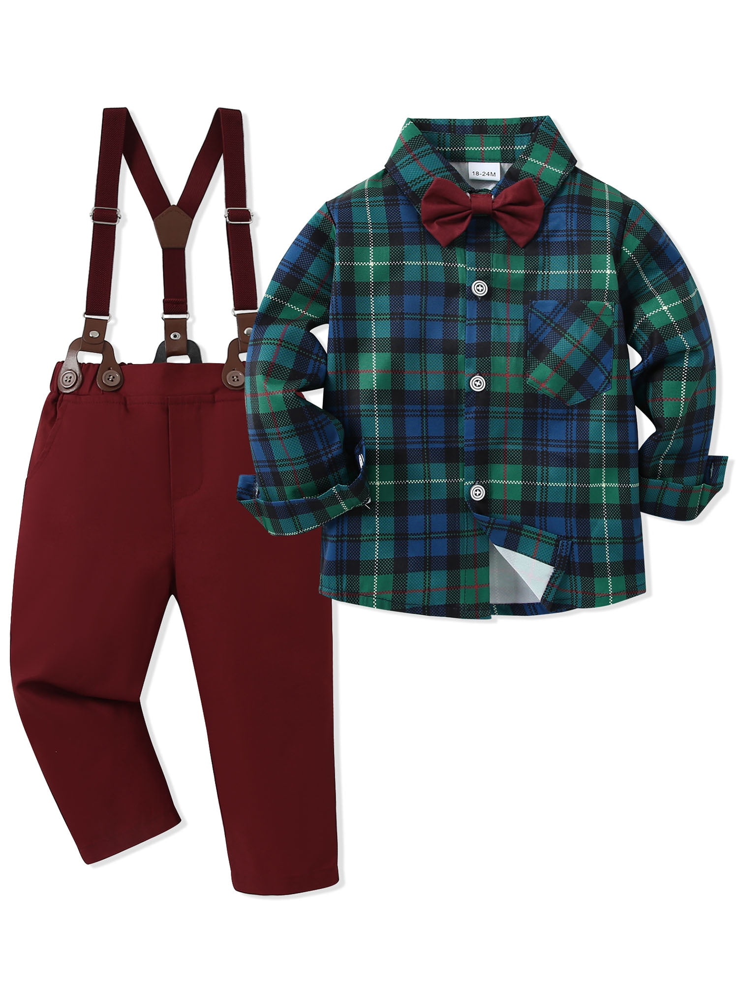 CARETOO Toddler Boy Clothes Sets 1-5T Formal Flaid Dress Shirt Bowtie ...