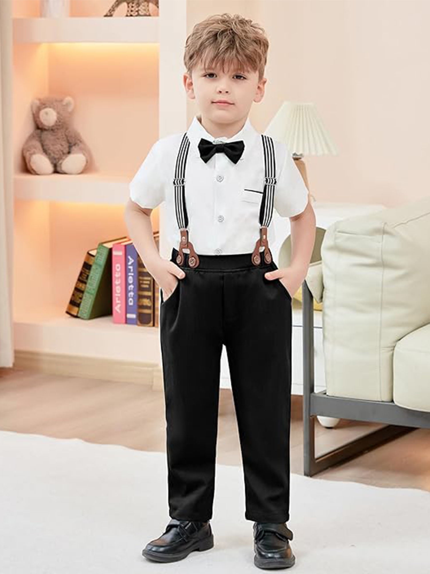 CARETOO Toddler Boy Clothes Suits Shirt Bowtie Suspender Pants Wedding ...