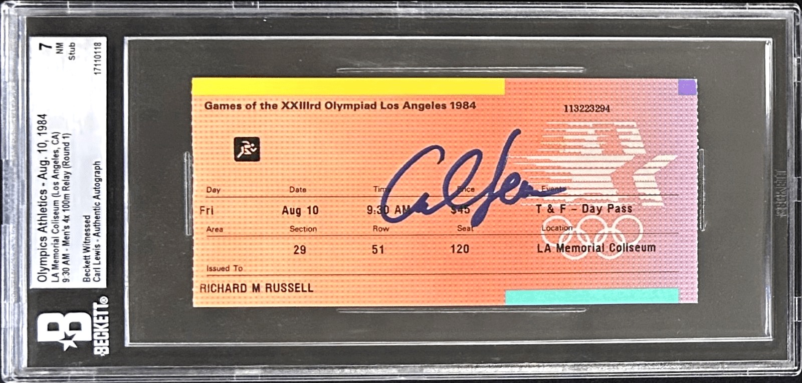 CARL LEWIS SIGNED 1984 LOS ANGELELES OLYMPICS TICKET STUB Beckett ...