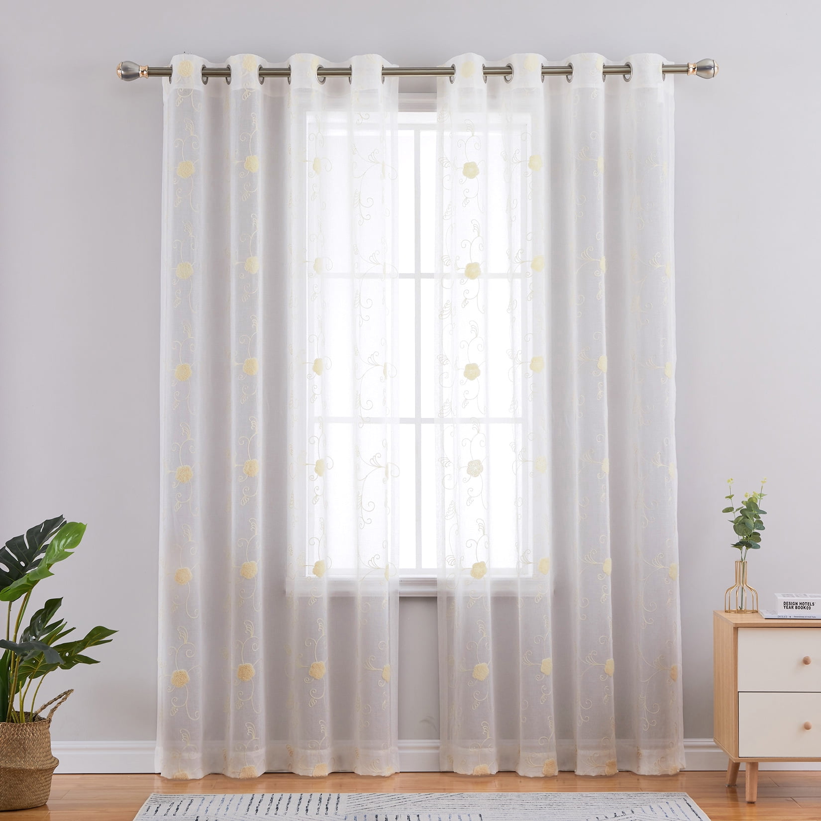 CAROMIO 52" W x 84" L Sheer Curtains Floral Embroidered Translucent ...