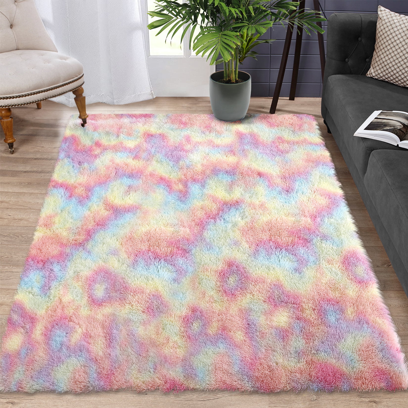 CAROMIO Area Rug 8 x 10 Soft Fluffy Area Rug Rainbow Plush Shag Rugs ...
