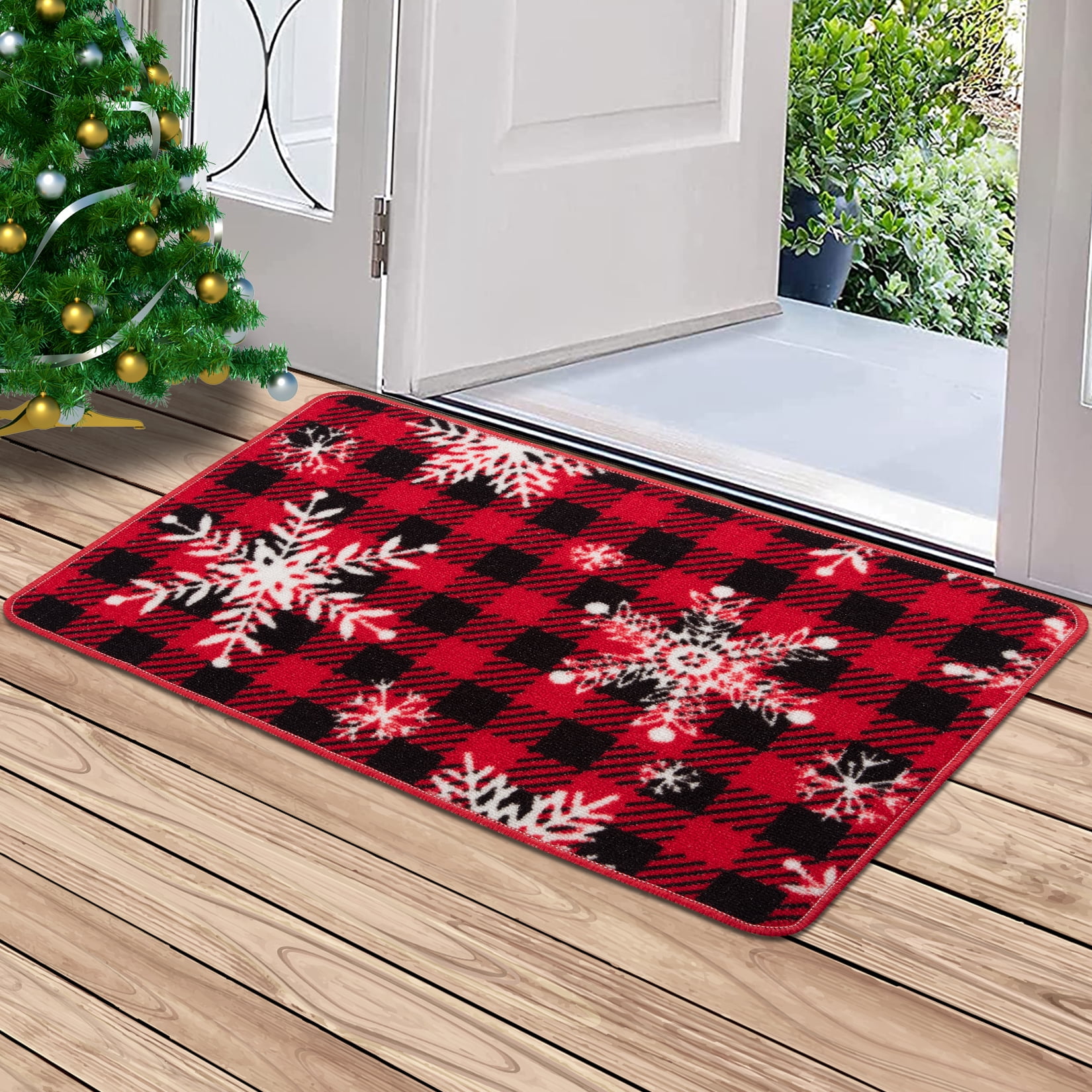 CAROMIO Buffalo Plaid Doormat Christmas Snowflakes Xmas Checkered Rugs ...