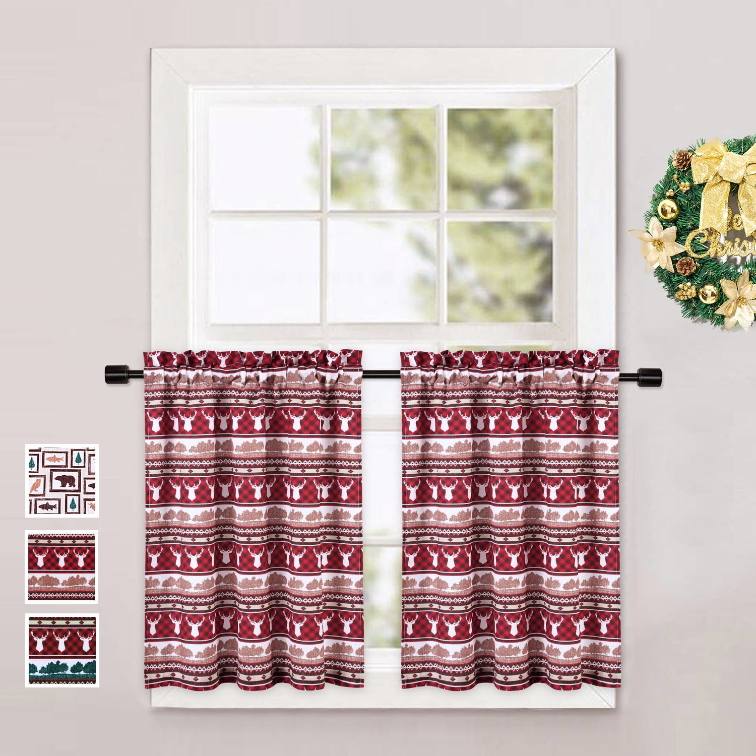 CAROMIO Christmas Reindeer Plaid Decor Short Tier Curtains for Kitchen ...