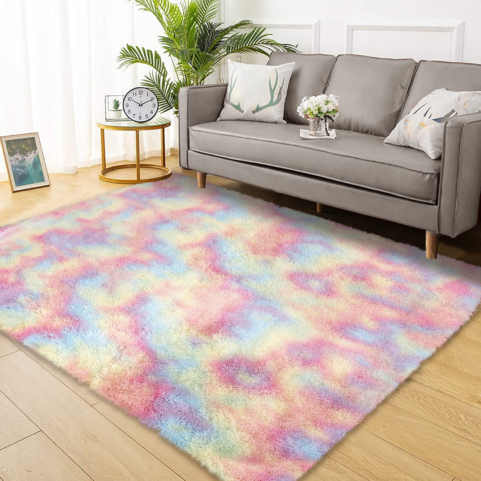 CAROMIO Colorful Shag Kids Rug 3 x 5 Modern Tie-Dyed Rainbow Shag Area ...