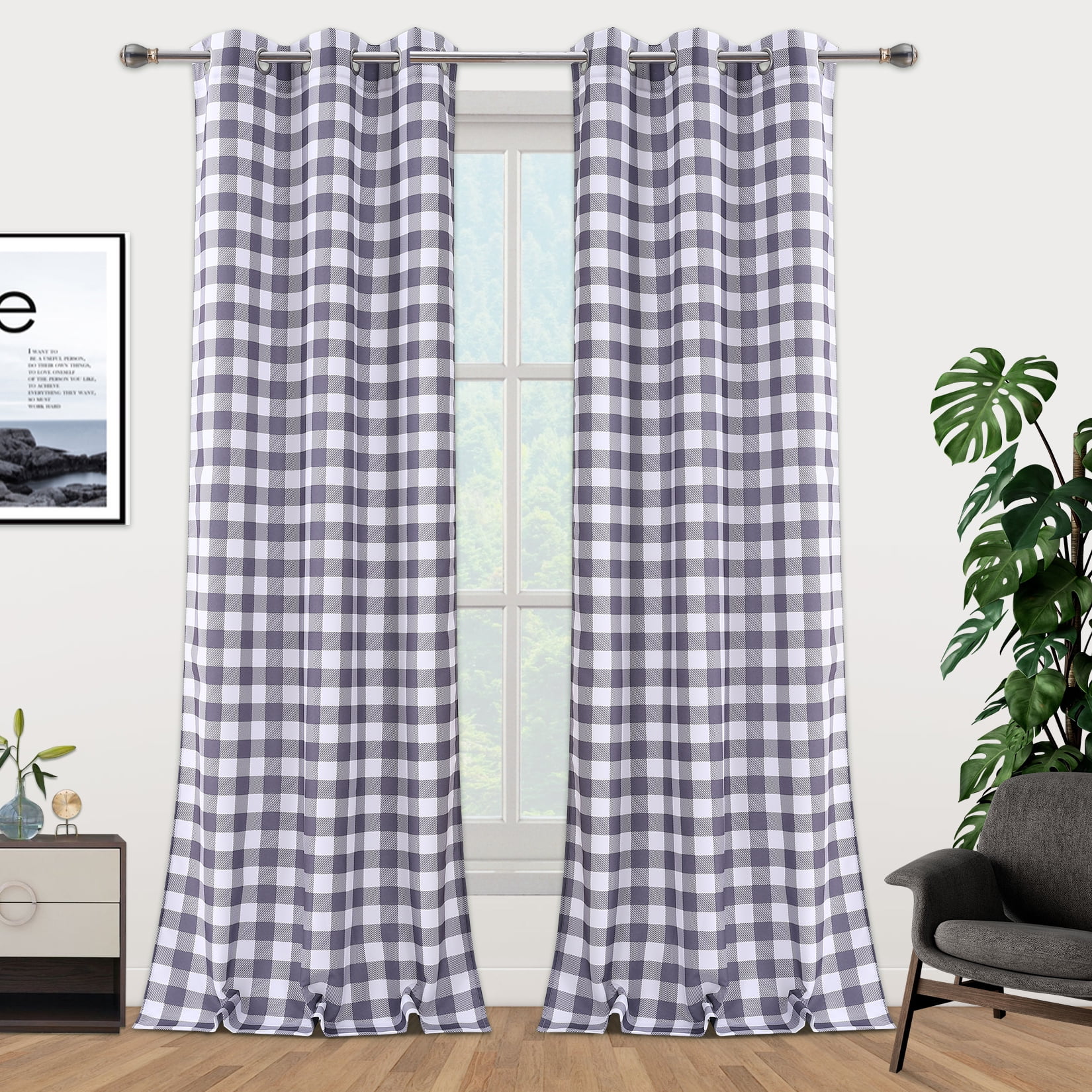 CAROMIO Farmhouse Design Checker Gingham Light Filtering Drapes Home ...