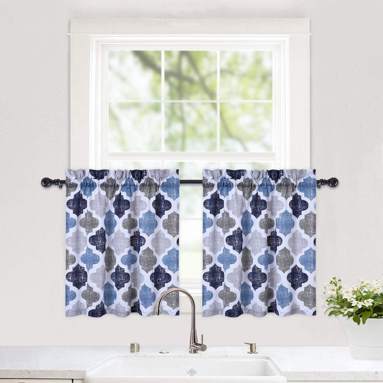 CAROMIO Moroccan Tile Pattern Short Window Curtains, Cotton Blend Cafe ...