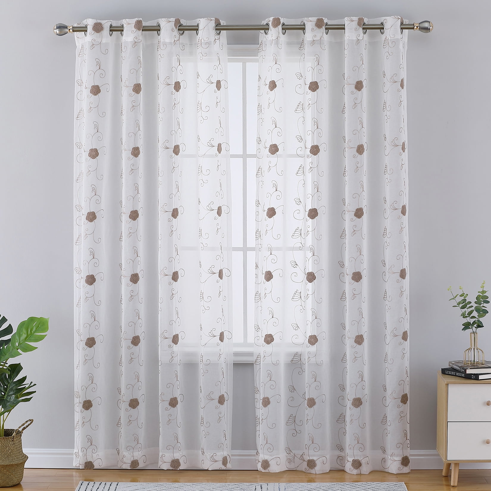 CAROMIO Semi Sheer Curtains 2 Panels Floral Embroidered Half ...