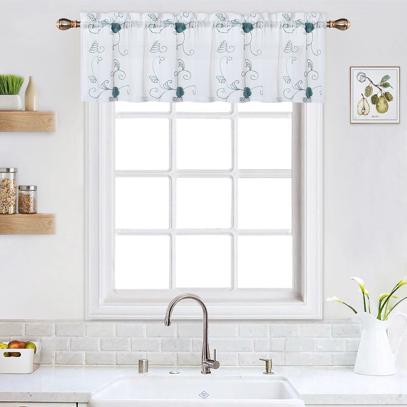 CAROMIO Sheer Valance Curtain Floral Embroidered Pom Design Kitchen ...